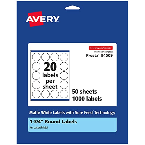 Avery Matte White Round Labels with Sure Feed, 1.75 diameter, 1,000 ...